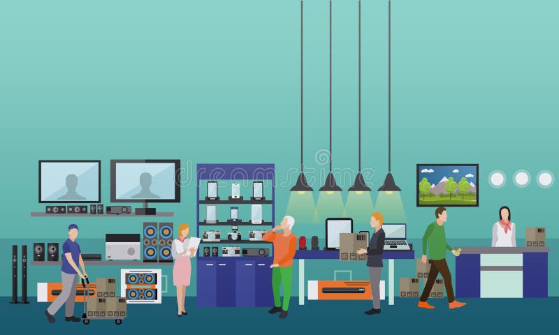 People Shopping in a Mall. Consumer Electronics Store Interior Vector ...