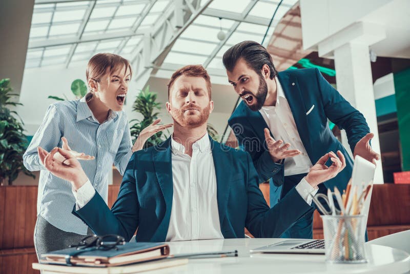 People Shout at Meditating Worker in Office. Stock Photo - Image of ...