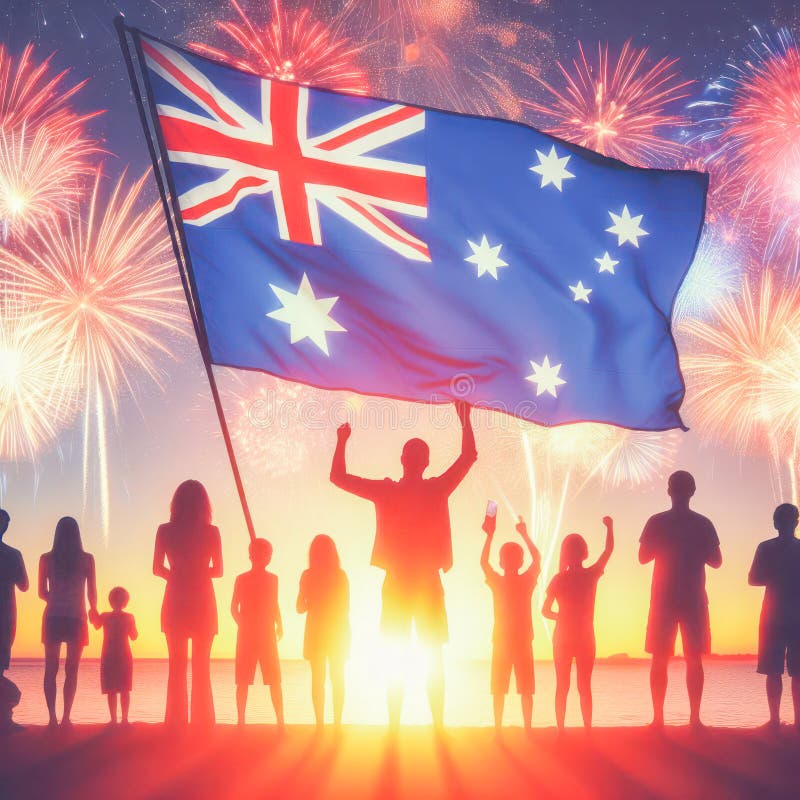 Eople in Silhouette Celebrating, Sky Lit with Fireworks and Australian ... Eople in Silhouette Celebrating, Sky Lit with Fireworks and Australian ...