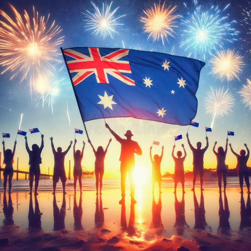 Eople in Silhouette Celebrating, Sky Lit with Fireworks and Australian ... Eople in Silhouette Celebrating, Sky Lit with Fireworks and Australian ...