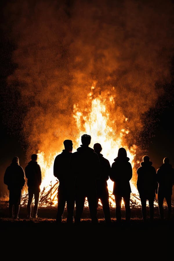 People Silhouettes Watching Easter Fire or Bonfire. Vertical Format ...