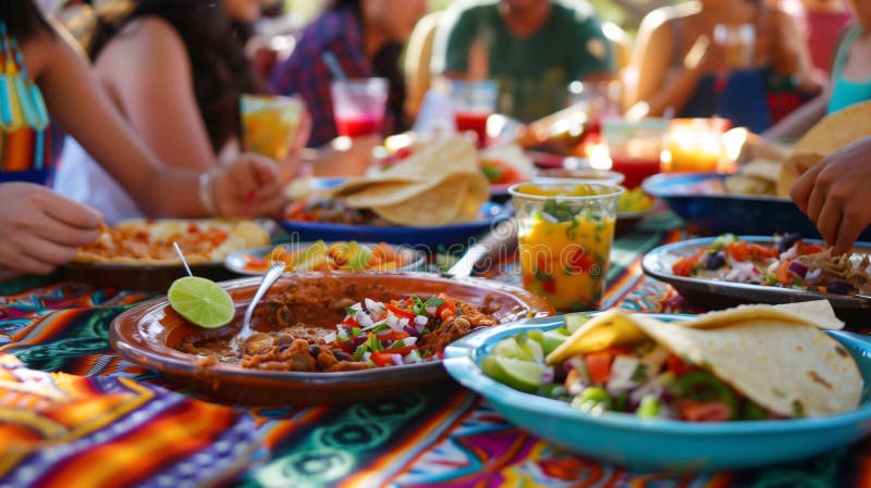 People Sit at Decorated Table with Traditional Mexican Food Stock ...