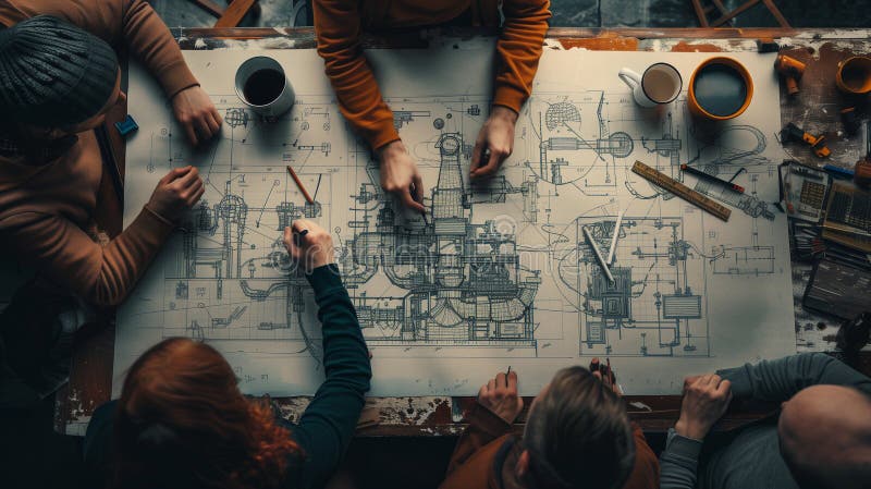 People Sit at a Table with Drawings of a Production Plan Stock Image ...
