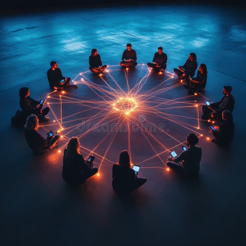 People Sitting in a Circle with Illuminated Devices Connected by ...