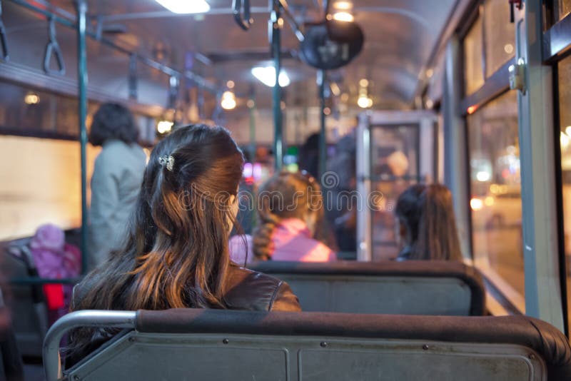 People in Old Public Bus, View from Inside the Bus . People Sitting on ...