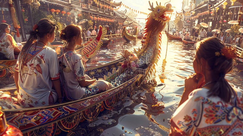 People Sitting on a Dragon Boat, Adorned with Intricate Patterns ...