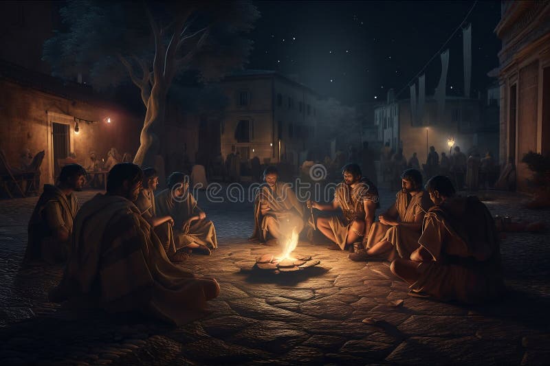 People Sitting the Fire Night Roman Empire. AI Generated Stock ...