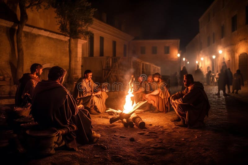 People Sitting the Fire Night Roman Empire. AI Generated Stock ...