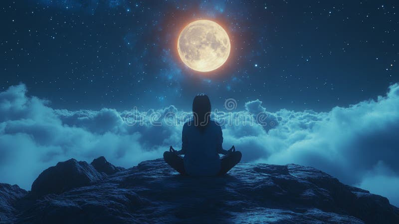 People Sitting on Mountain Top Meditating on Starry Night Stock ...
