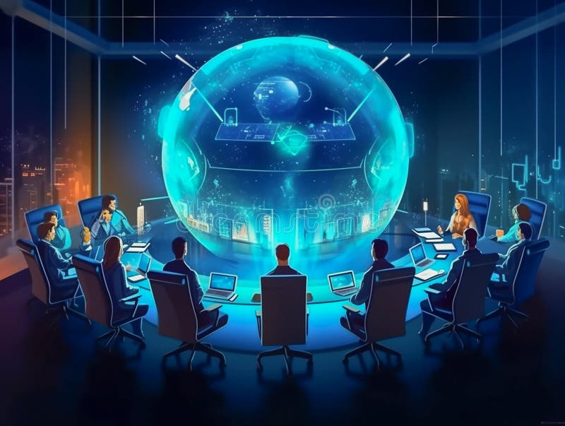 People are Sitting at a Round Table in Front of Projection of the ...