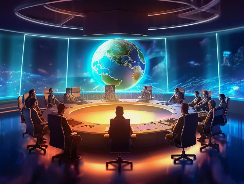 People are Sitting at a Round Table in Front of Projection of the ...