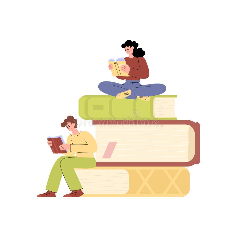 People Sitting On Stacked Books And Reading Flat Vector Illustration