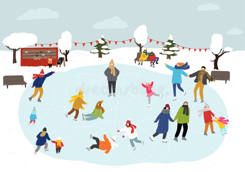 People Ice Skating Vector Illustration. Winter Ice Rink Party with ...