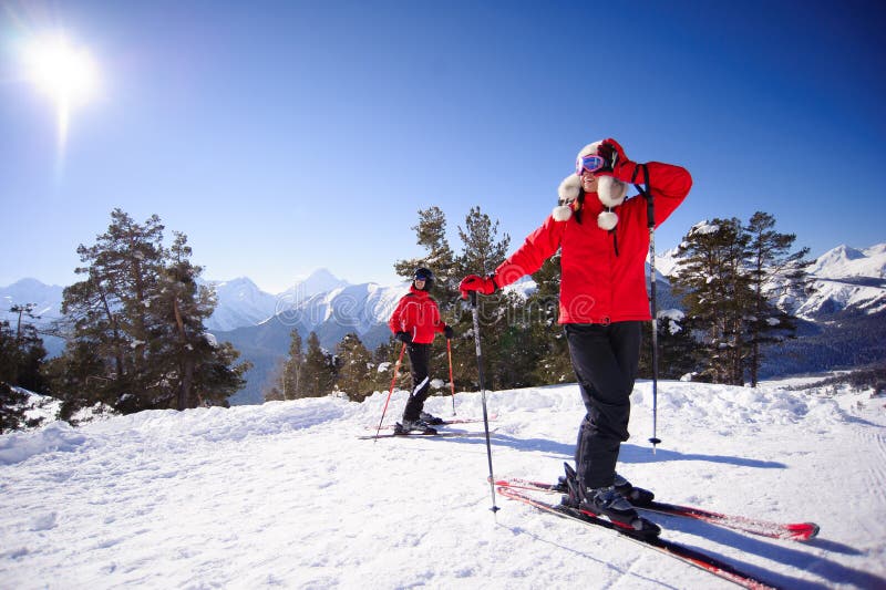 People Ski Alpine Mountains with White Snow and Blue Sky Stock Image ...