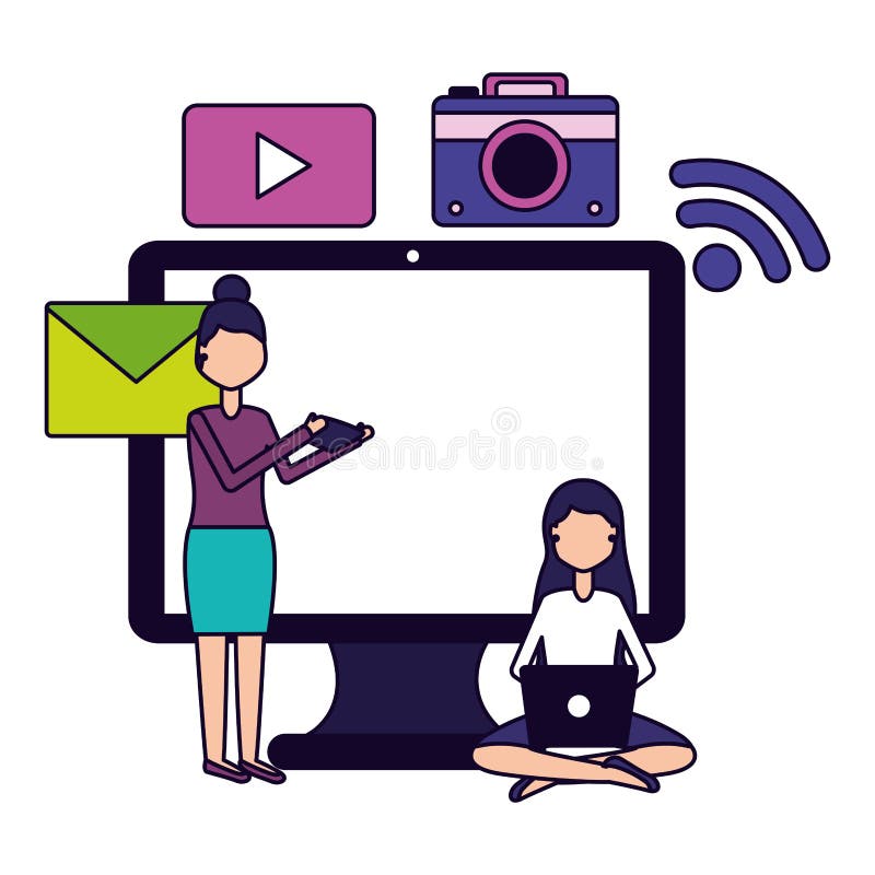 Women with Computer Technology and Social Media Stock Illustration ...