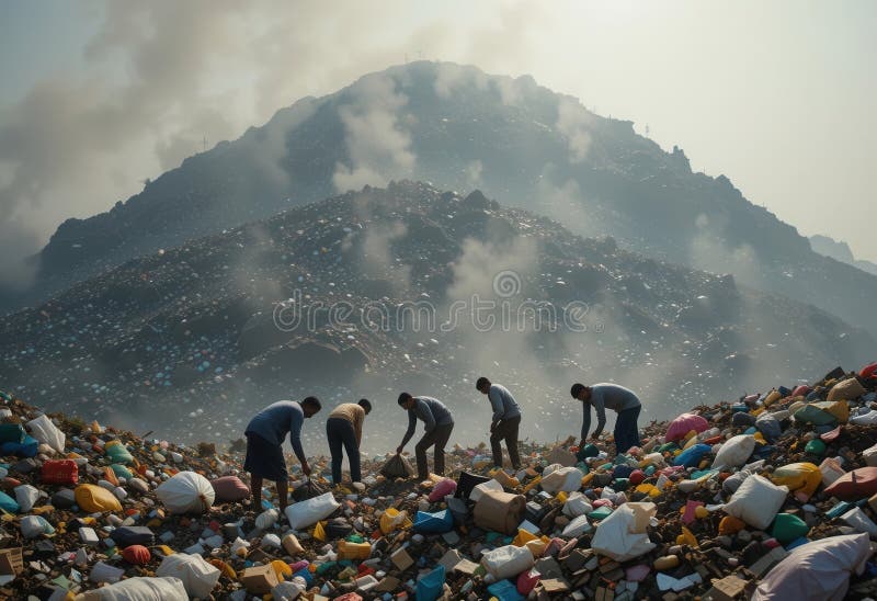 Workers Sifting through Waste at a Landfill Site in Daylight Stock ...
