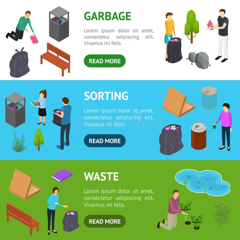 People Sorting Waste Rubbish Concept Banner Card Circle 3d Isometric ...