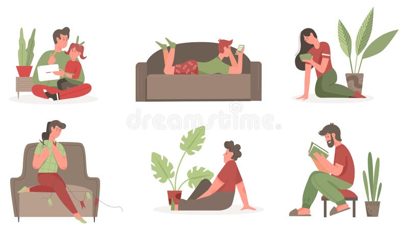 People Spend Time At Home Set Young Man And Woman Reading Books