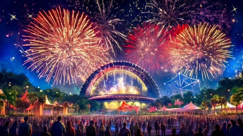 People in the Square Watching Fireworks in the Sky, Celebration Stock ...