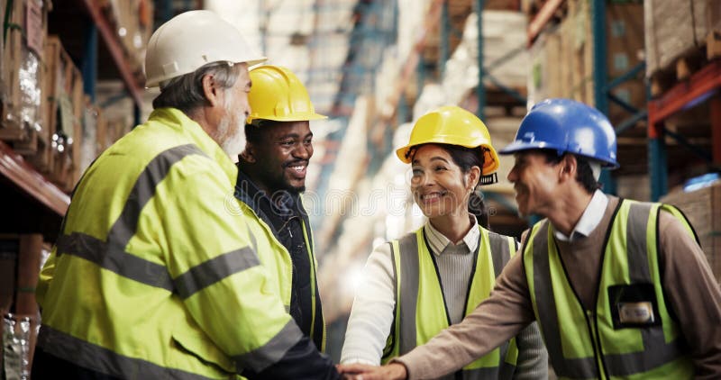 People, Stack Hands and Team at Warehouse for Logistics, Motivation and ...