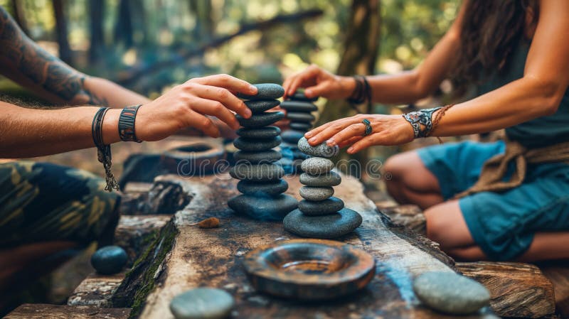 People Stacking Smooth Stones on a Wooden Table in the Forest, Enjoying ...
