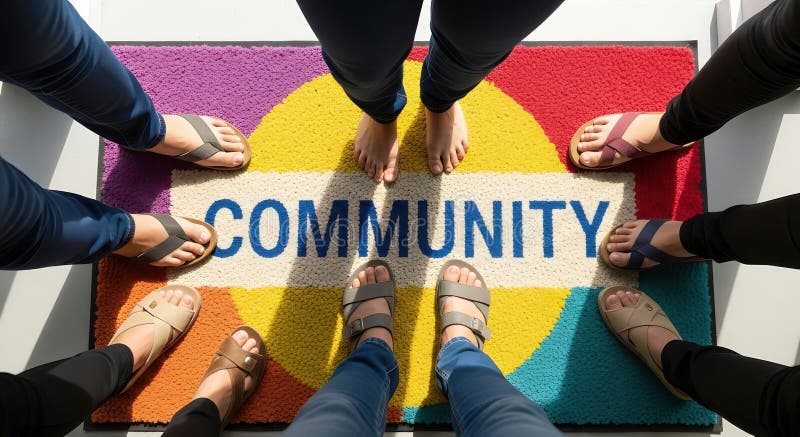 Community Welcome Mat with Diverse Feet Around Stock Illustration ...