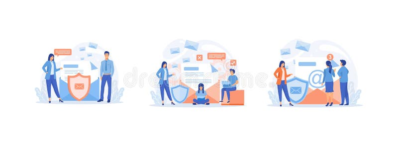 People Stand Near Big Envelope, Letter, Shield. Email Set Flat Vector ...