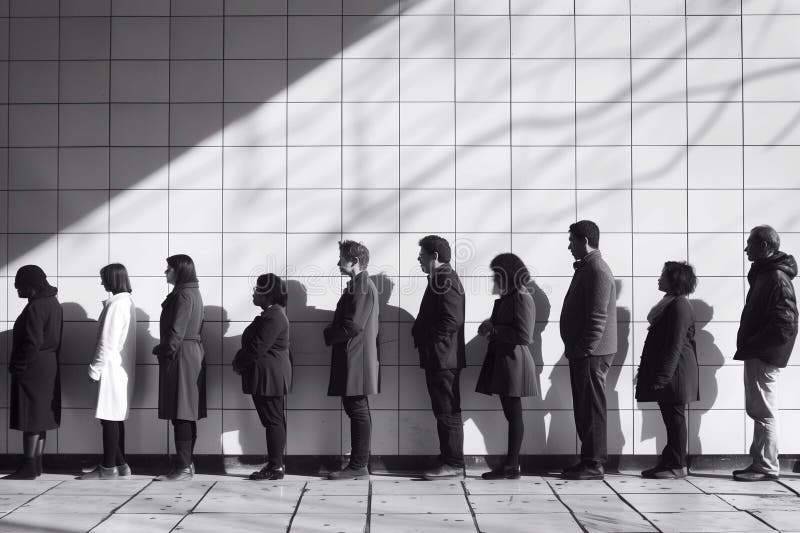 People Stand in a Single File Line by a Textured Wall, Waiting Quietly ...