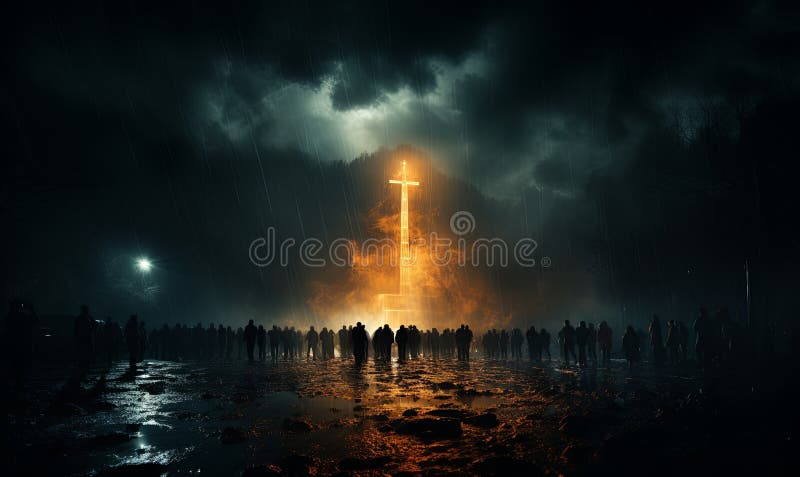 Group of People Standing Around a Cross in the Dark Stock Image - Image ...