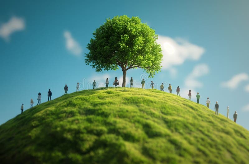People Standing Around Tree on Green Hill Stock Image - Image of ...