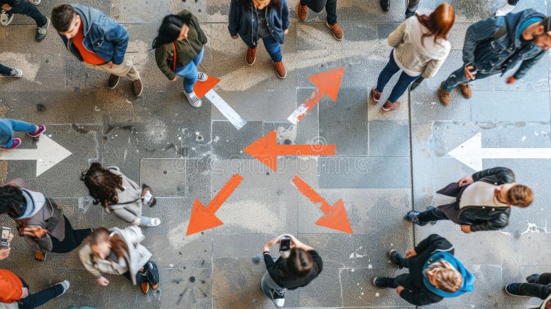 People Standing on the Arrows Painted on the Floor AIG535 Stock Image ...