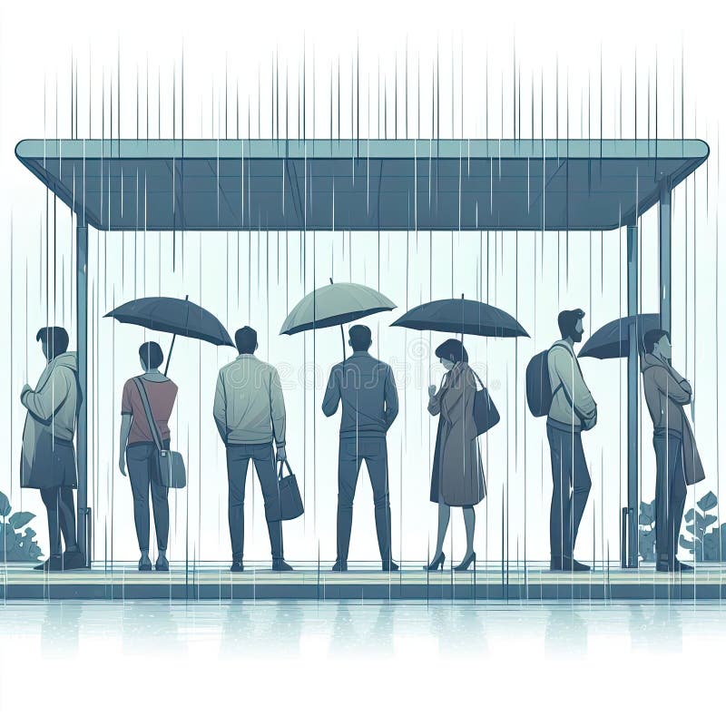 People Standing at a Bus Stop in the Rain. Stock Illustration ...