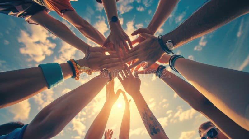 People are Standing in a Circle, Reaching Towards the Center To Stack ...