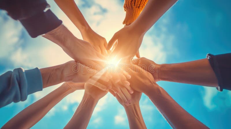 People are Standing in a Circle, Reaching Towards the Center To Stack ...