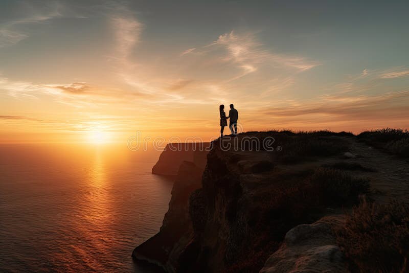 People Standing on a Cliff Overlooking the Ocean at Sunset Stock Image ...