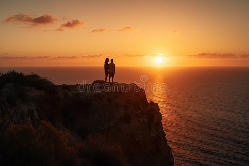 People Standing on a Cliff Overlooking the Ocean at Sunset Stock ...