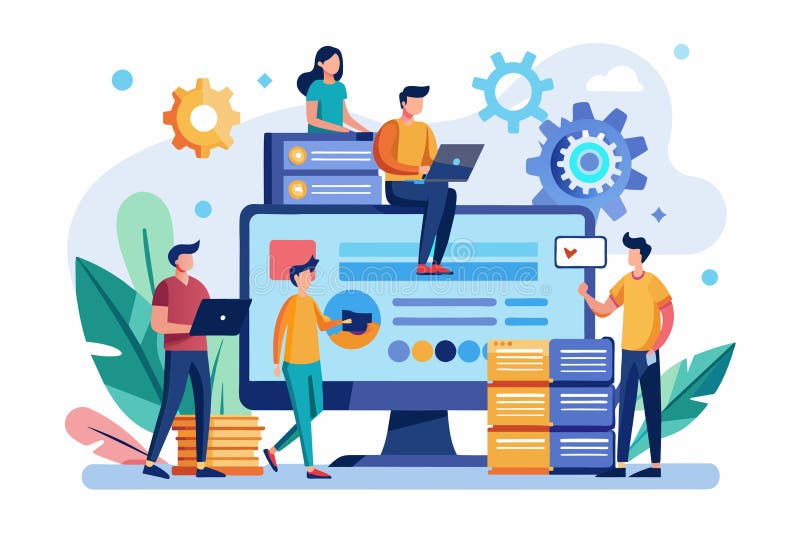 People Standing on Computer Screen, Installing Software, the People are ...