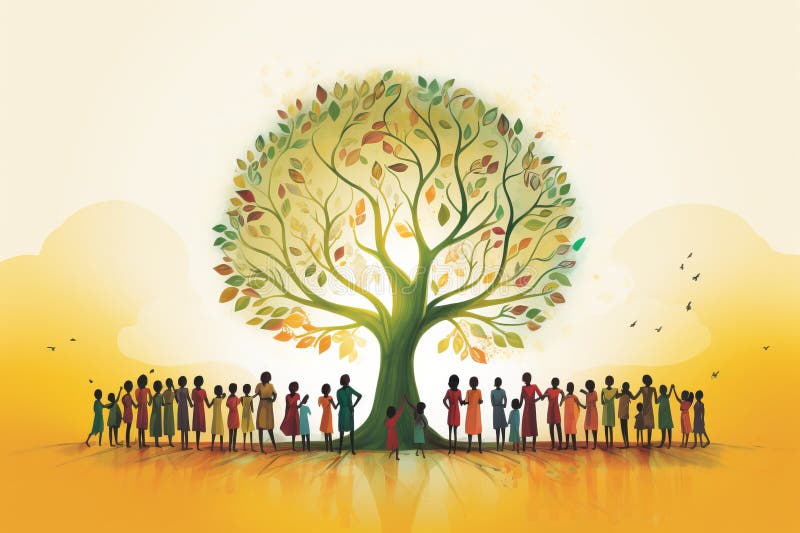 People Standing in Front of a Majestic Tree Stock Illustration ...
