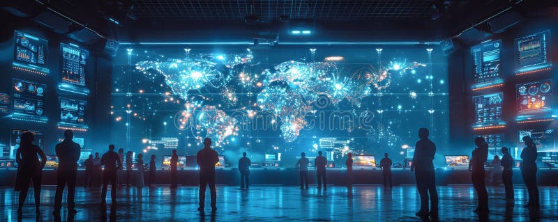 People Standing in Futuristic Control Room with Large Digital World Map ...