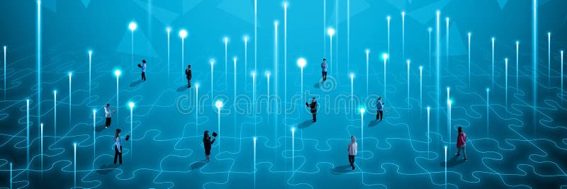 People Standing on Glowing Puzzle Grid, Interacting through Light ...