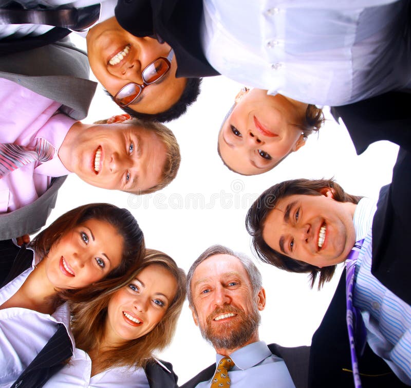People Standing in Huddle, Smiling, Low Angle View Stock Photo - Image ...