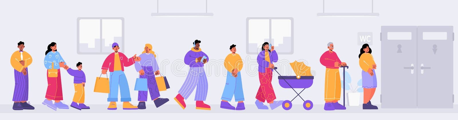 Queue To Toilet Landing Page Template Set. People Wait at Wc Door Stock ... Queue To Toilet Landing Page Template Set. People Wait at Wc Door Stock ...