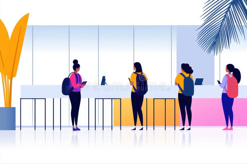 People Standing at a Reception Counter in a Comic Style Poster Concept ...
