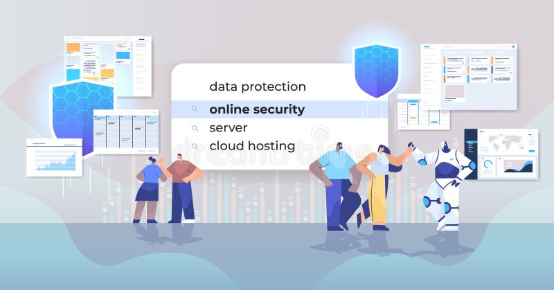 People Standing with Robot Online Security Data Protection in Search ...