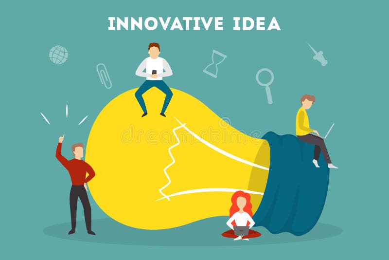 People Standing and Sitting Around Big Light Bulb Stock Vector ...