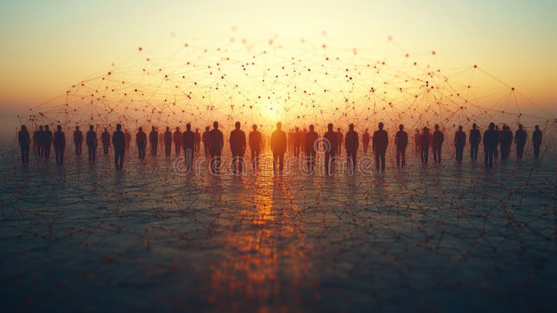 People Standing Together at Sunset on a Vast Landscape, Connected by ...