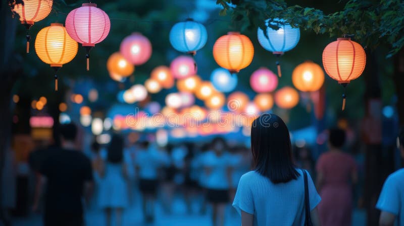 People Stroll Down a Street Adorned with Lanterns Hanging from Trees in ...