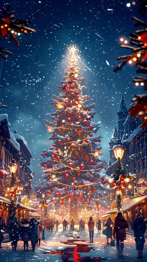 People Stroll through a Festive Square Under Falling Snow, Admiring the ...