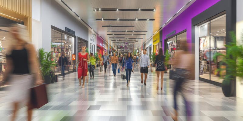 People Stroll through Mall with Shopping Bags and Bright Storefront ...