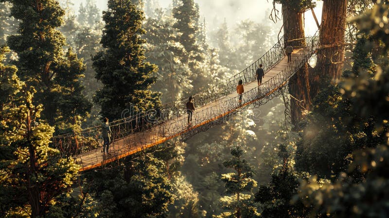 People Stroll on a Scenic Canopy Walkway High Above a Verdant Forest ...